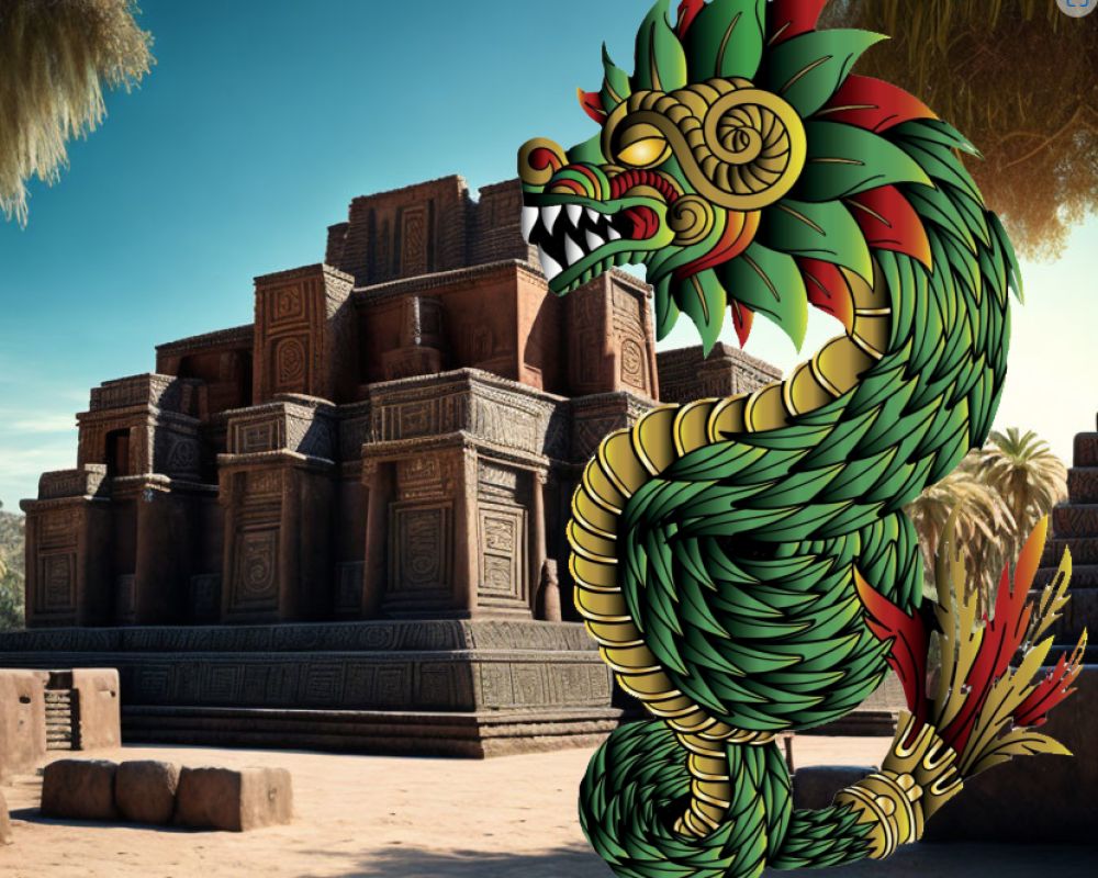 Colorful Aztec-inspired illustration with figure, pyramid, snake, and ...