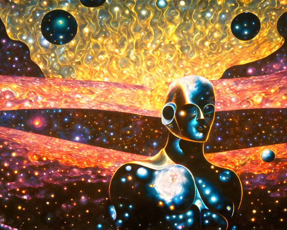 Surreal cosmic landscape with humanoid figure, planets, goat, and ...