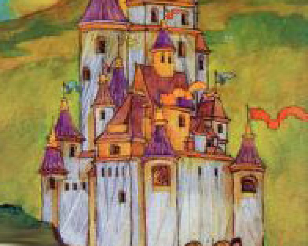 Colorful fairy-tale castle in vibrant forest with spires and flower ...