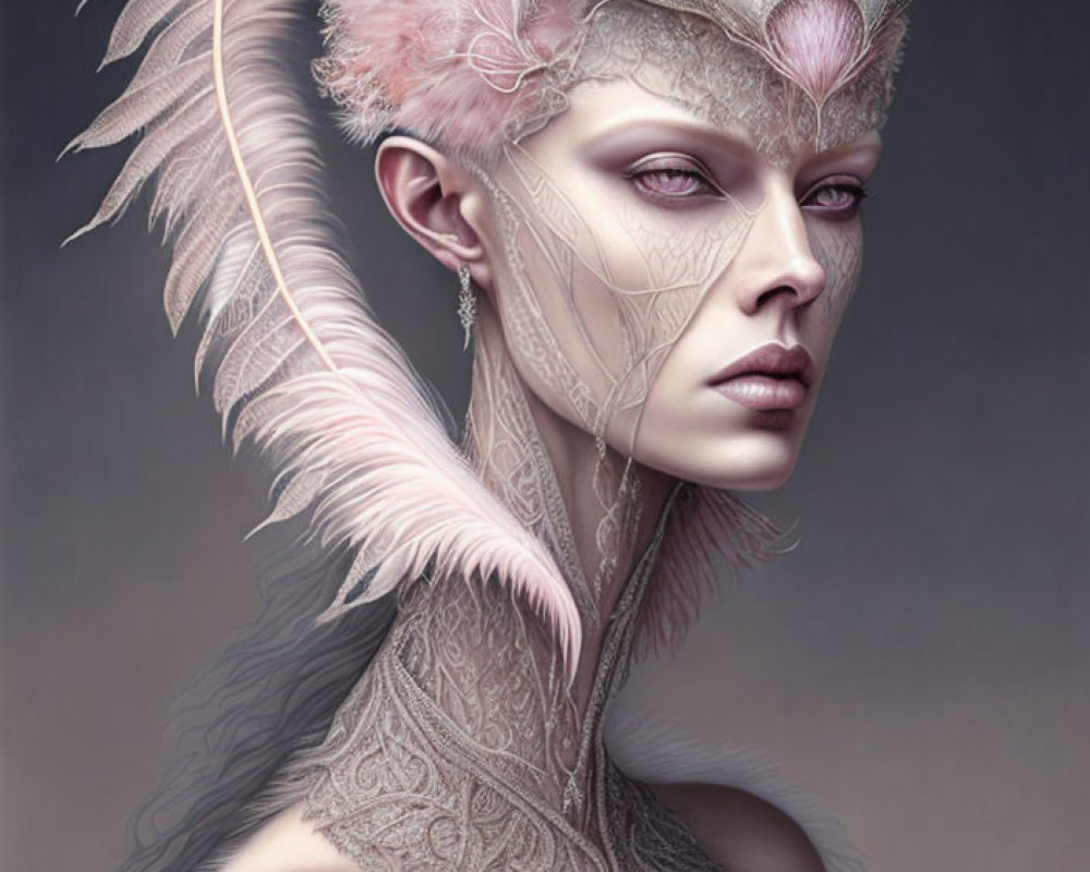 Golden ornate headdress on ethereal female figure with veiny skin ...