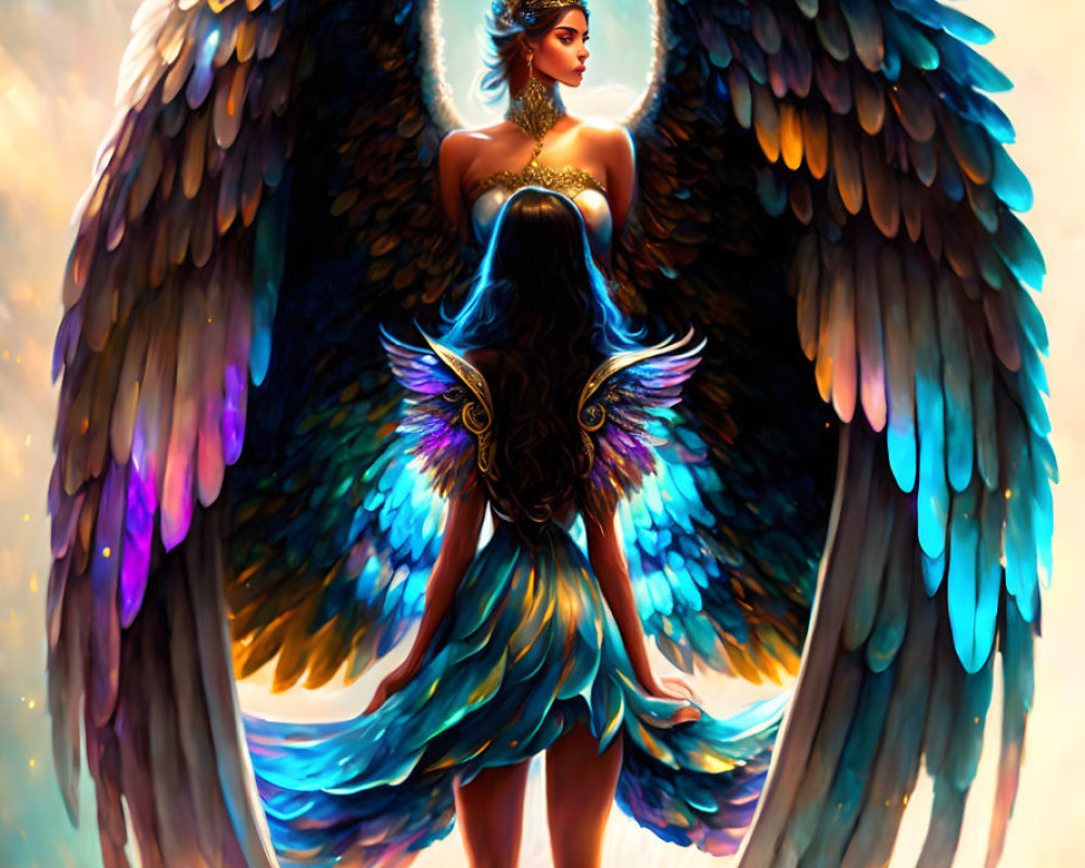 Ethereal figure with angel wings and crescent moon on warm backdrop ...