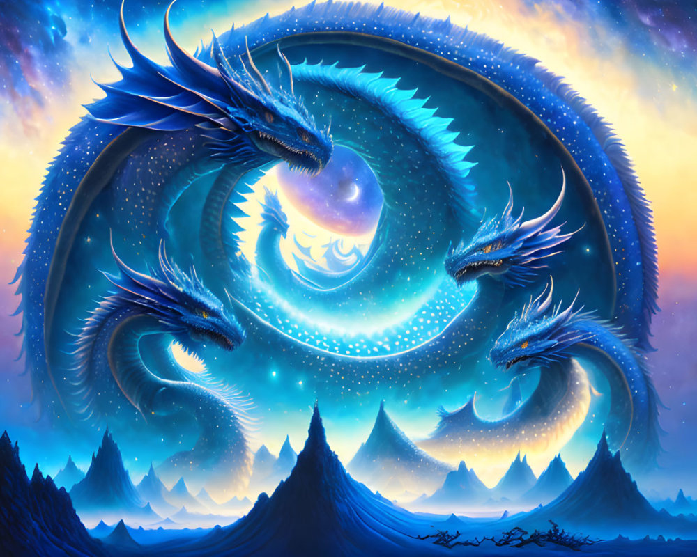 Fantasy illustration of blue dragons circling a moon over mountains ...