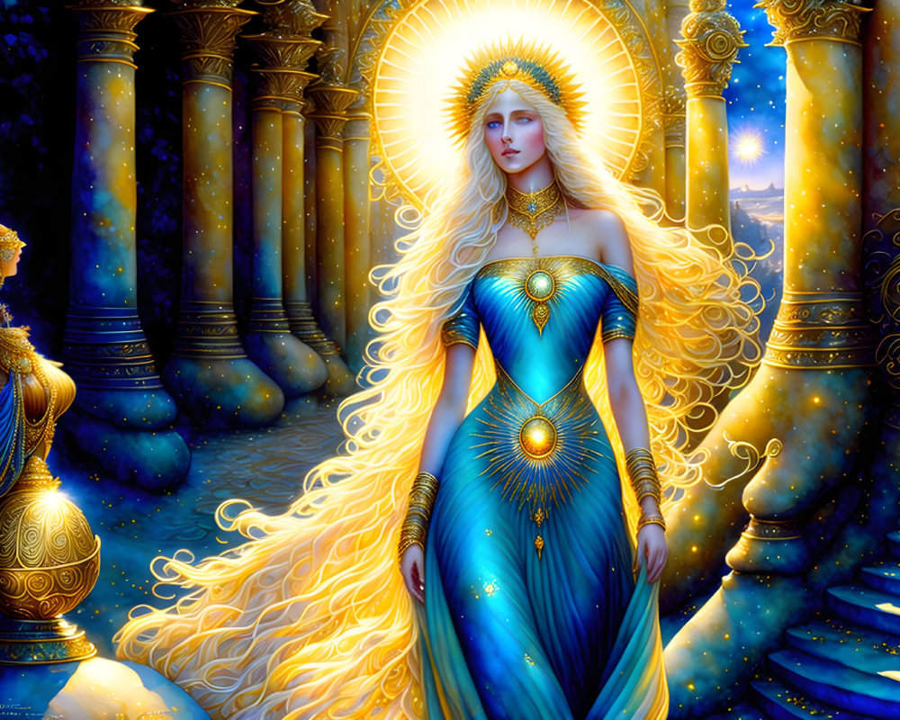 Ethereal Woman in Blue and Gold Gown in Celestial Hall | Deep Dream ...