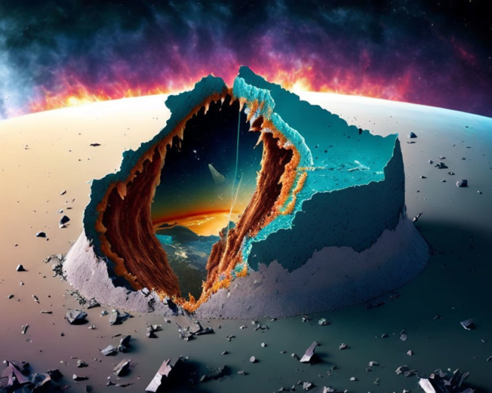 Surreal artwork: Earth's hollowed outer layer, inner landscape, cosmic ...