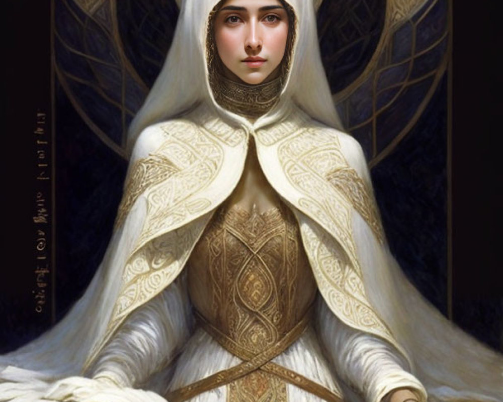 Regal lady in ornate golden headdress and robe on dark backdrop | Deep ...