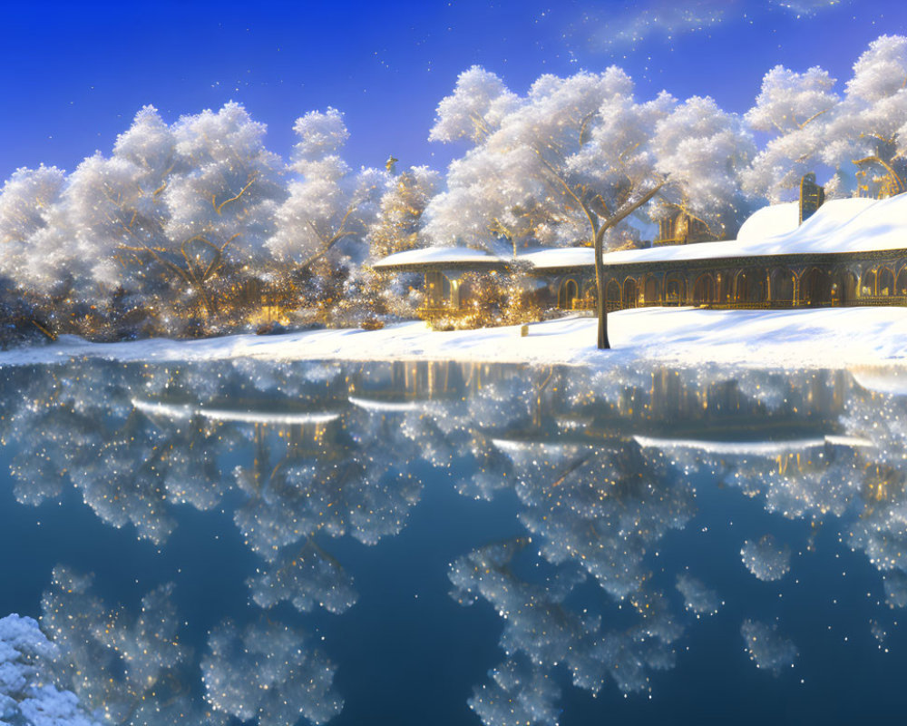 Snow-covered houses and trees reflected in a twilight lake in a serene ...