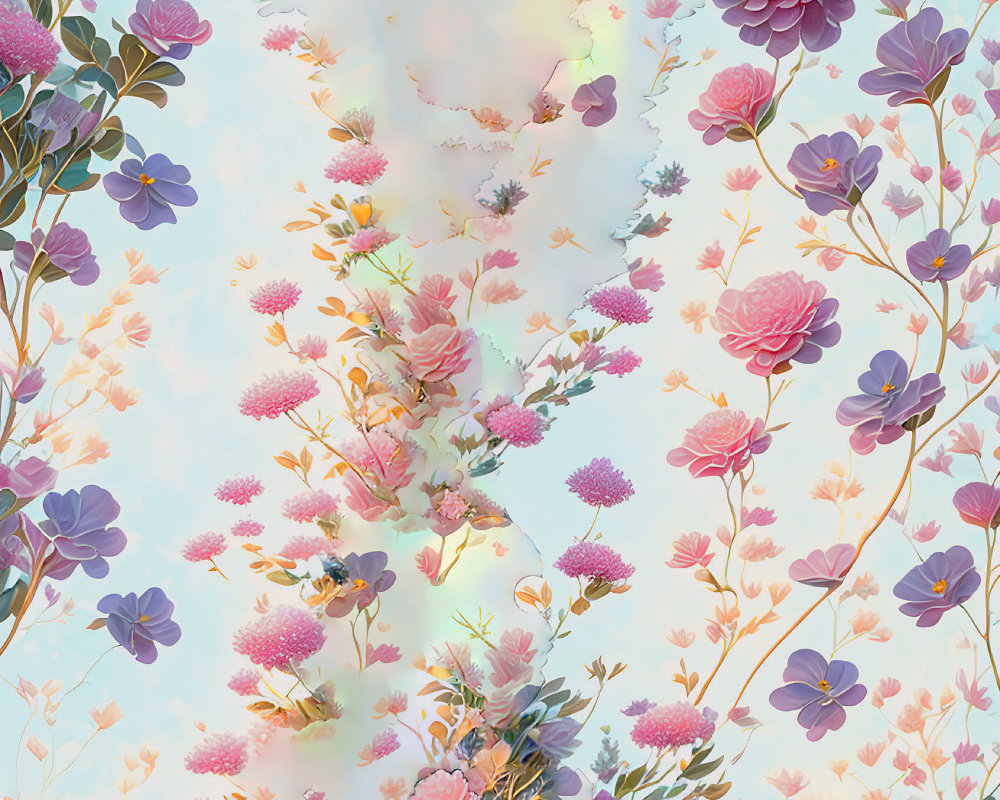 Soft pink and white floral background with delicate purple flowers and ...