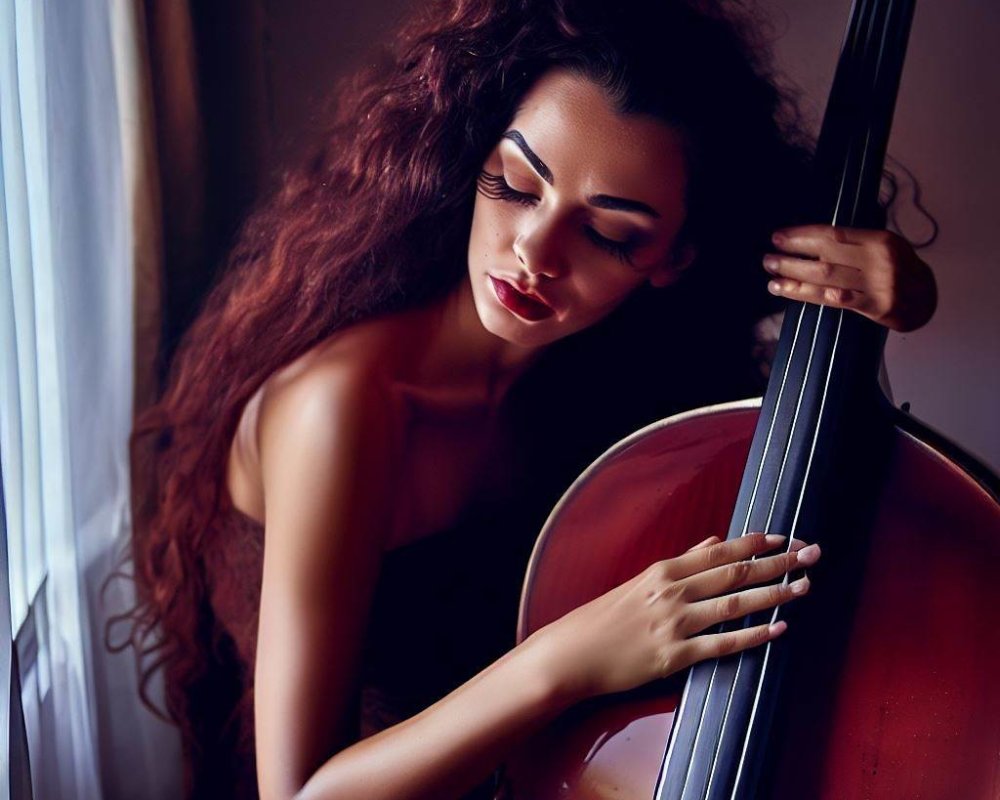 Curly-Haired Woman Holding Cello in Dramatic Lighting | Deep Dream ...