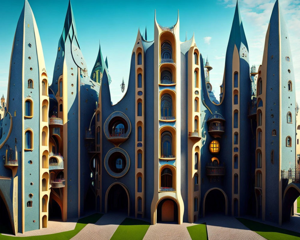 Whimsical surreal architecture with tall buildings and round windows ...