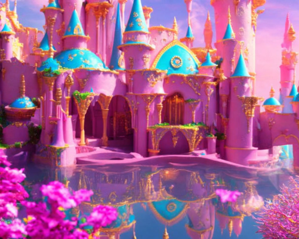 Fairytale castle with pink and blue spires and golden accents | Deep ...