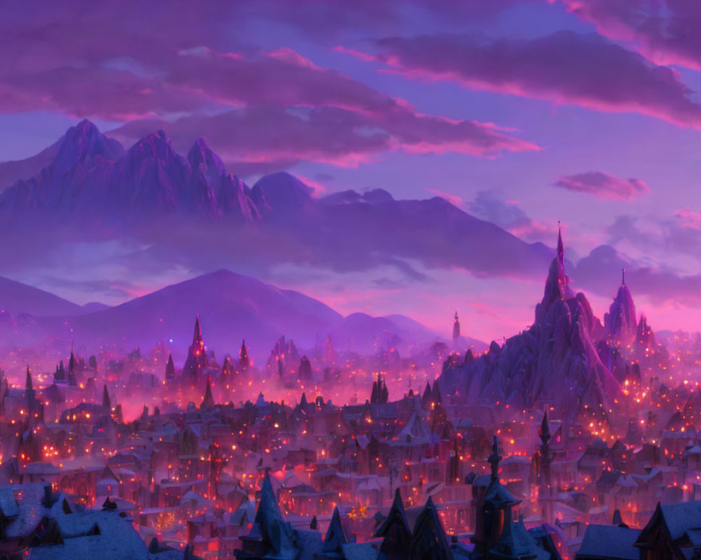 Mystical landscape with towering rock formations and glowing village ...