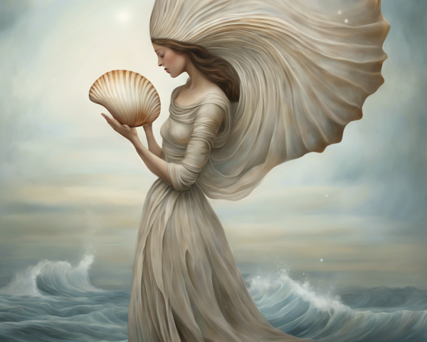 Ethereal woman in flowing gown with golden shell in seascape | Deep ...