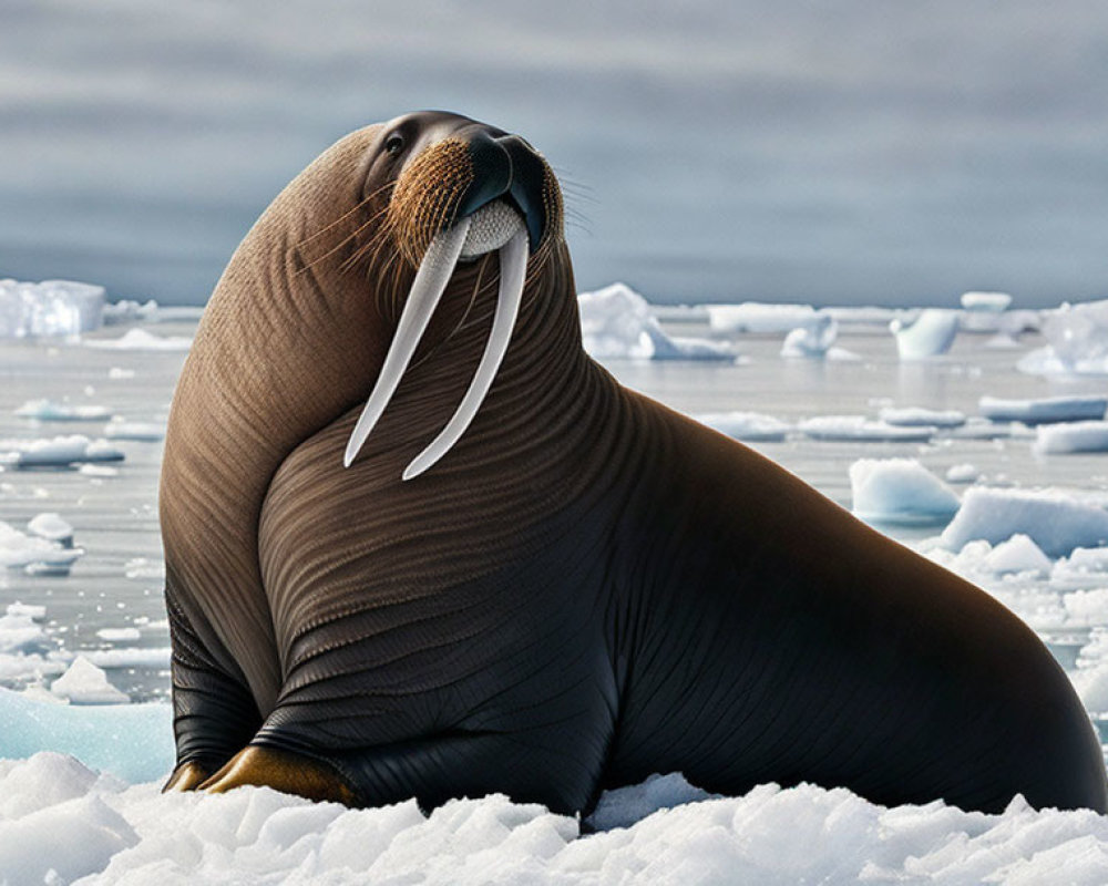 Arctic walrus with large tusks on floating ice surrounded by cold ...