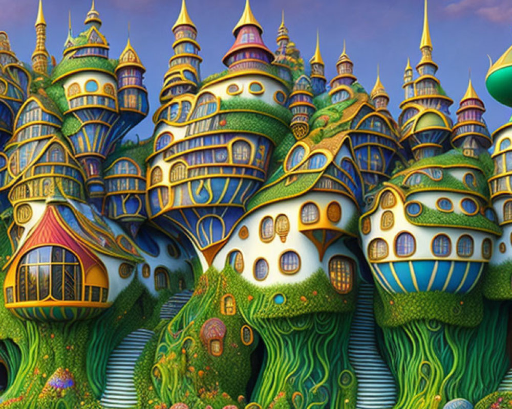 Futuristic cityscape with organic-shaped buildings and lush greenery ...