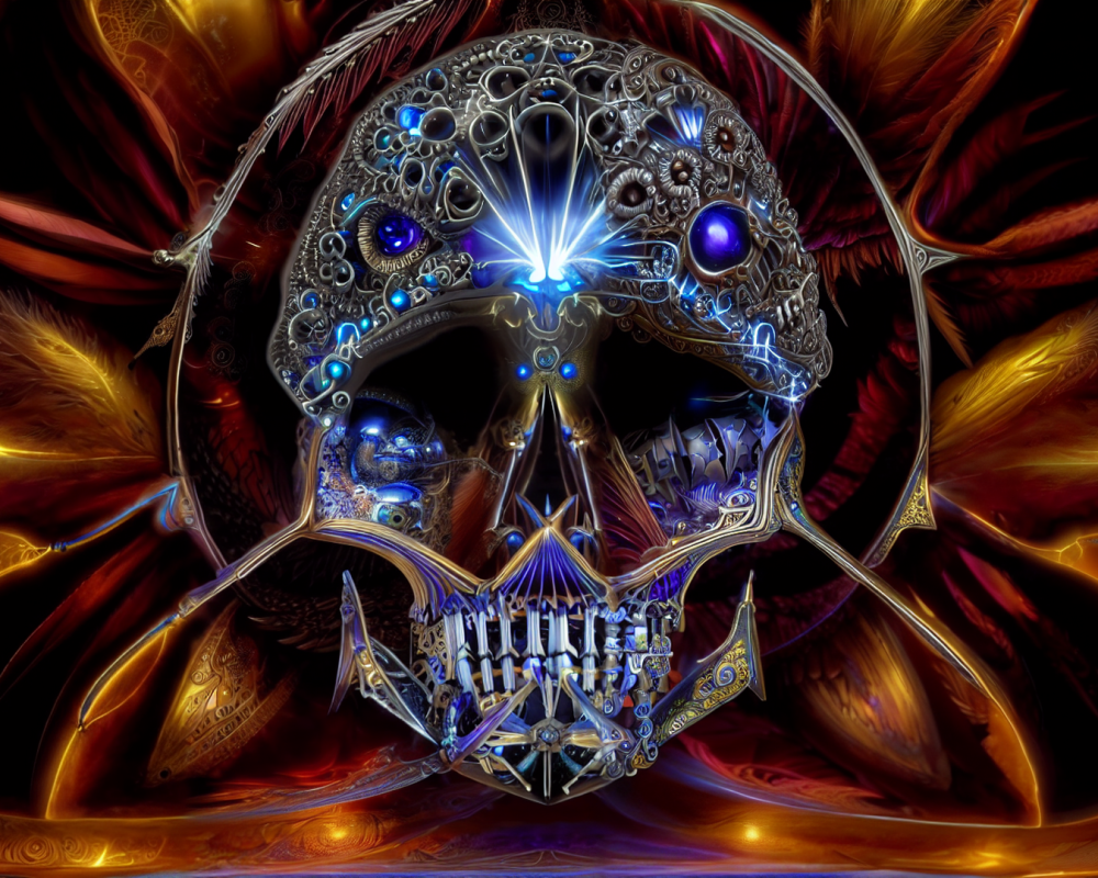 Symmetrical digital artwork of ornate skull with blue glowing eyes on ...