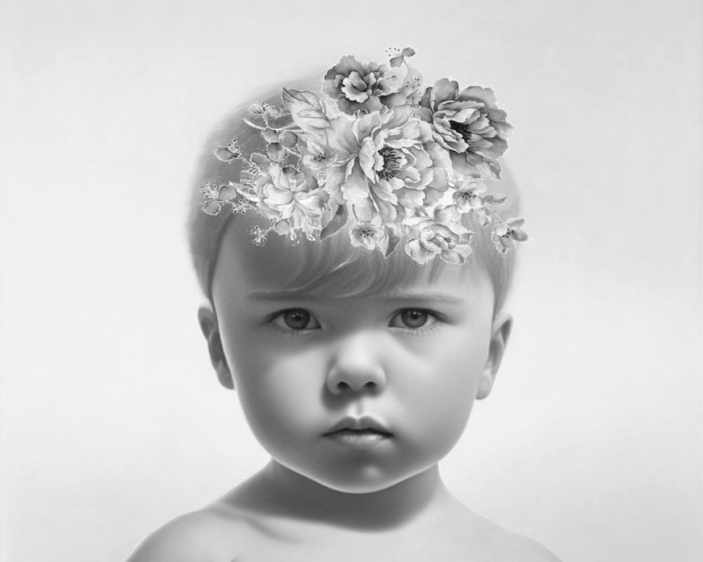 Monochrome portrait of a toddler with solemn expression and flower ...