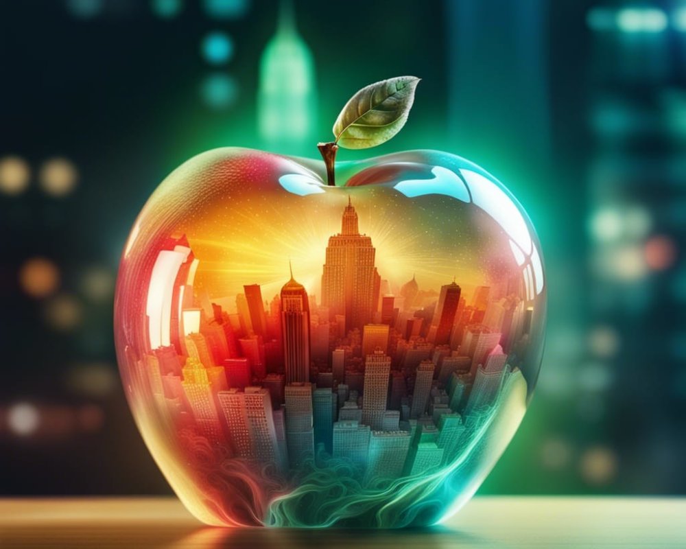 Glossy Apple-Shaped Object with Cityscape and Cosmic Sky on Wooden ...