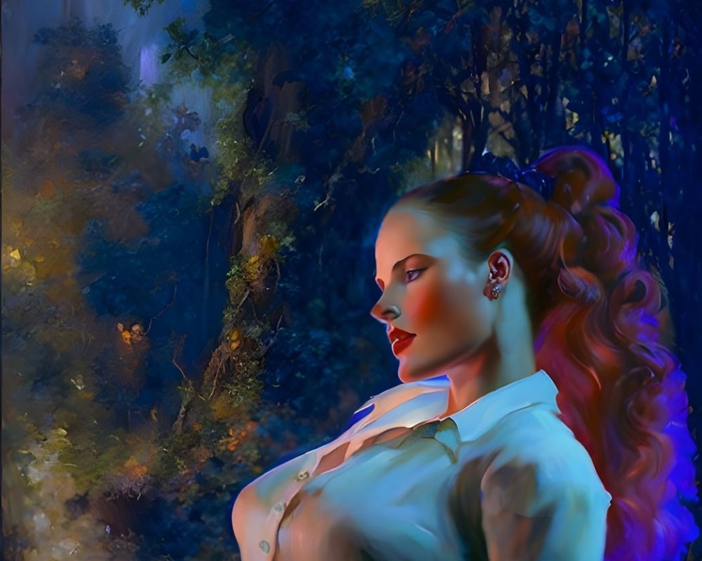 Digital artwork of woman with red hair in serene night-blooming flora ...