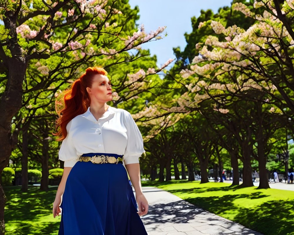 Red-haired woman in white blouse and blue skirt under cherry blossoms ...