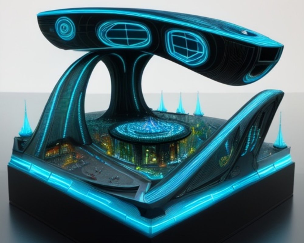 Futuristic building model with sleek curves and blue illumination on a ...