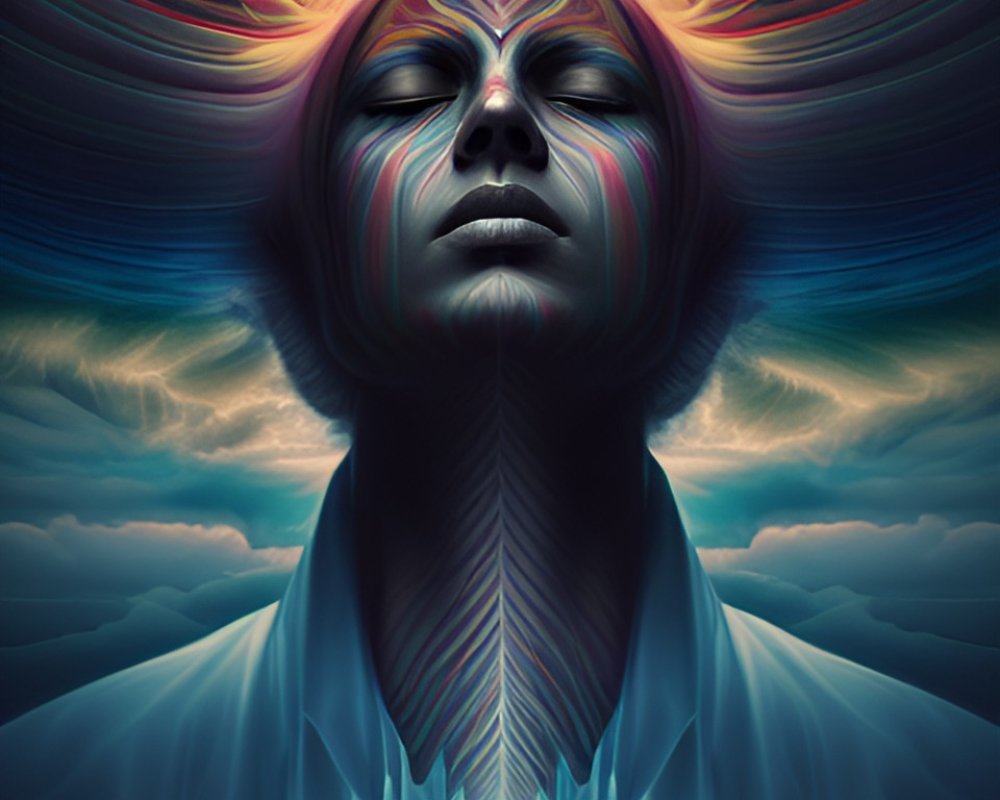 Surreal digital artwork of meditative face with cosmic patterns and ...